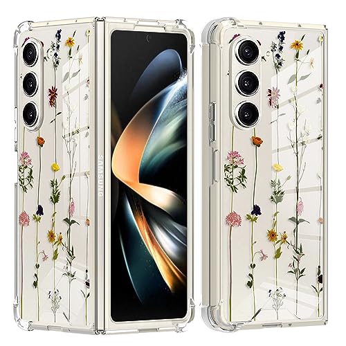 OOK Clear Design for Samsung Galaxy Z Fold 5 Case with Flower Clear Floral Phone Case Shockproof Hard PC Back Protective Cover for Women Girls Green Flower Case for Galaxy Z Fold 5 (Flower Vine)