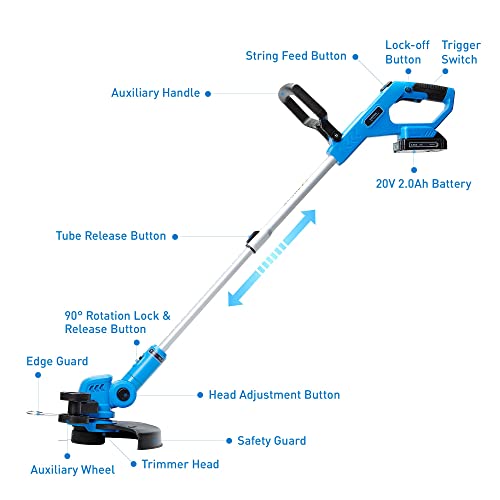 WISETOOL Cordless String Trimmer/Edger & Leaf Blower Combo Kit, 2X 2.0ah 20v Battery, 12" Weed Wacker with 90 Degree Adjustable Head, Lightweight 130 MPH Electric Leaf Blower