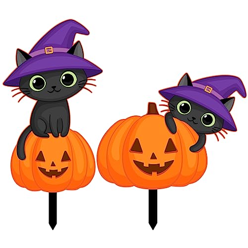 LOGOFUN 2Pcs Halloween Yard Stakes Pumpkin Black Cat Outdoor Signs with Stake Halloween Garden Decors