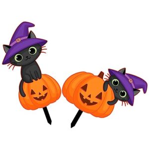 LOGOFUN 2Pcs Halloween Yard Stakes Pumpkin Black Cat Outdoor Signs with Stake Halloween Garden Decors