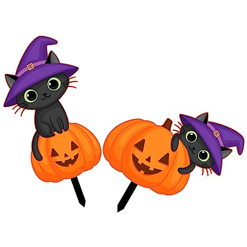 LOGOFUN 2Pcs Halloween Yard Stakes Pumpkin Black Cat Outdoor Signs with Stake Halloween Garden Decors