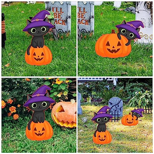 LOGOFUN 2Pcs Halloween Yard Stakes Pumpkin Black Cat Outdoor Signs with Stake Halloween Garden Decors