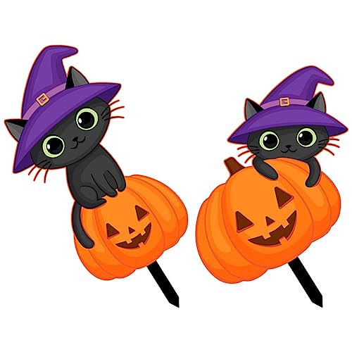 LUOZZY 2pcs Halloween Outdoor Decorations Black Cat Pumpkin Yard Stakes Garden Cat Sign with Stake Halloween Yard Decors