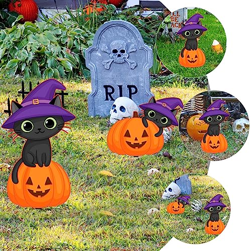 LUOZZY 2pcs Halloween Outdoor Decorations Black Cat Pumpkin Yard Stakes Garden Cat Sign with Stake Halloween Yard Decors