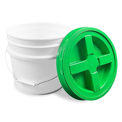 3.5 Gallon White Bucket with Green Gamma Screw on Lid (Pack of 1), Food Grade Storage, Premium HPDE Plastic, BPA Free, Durable 90 Mil All Purpose Pail, Made in USA