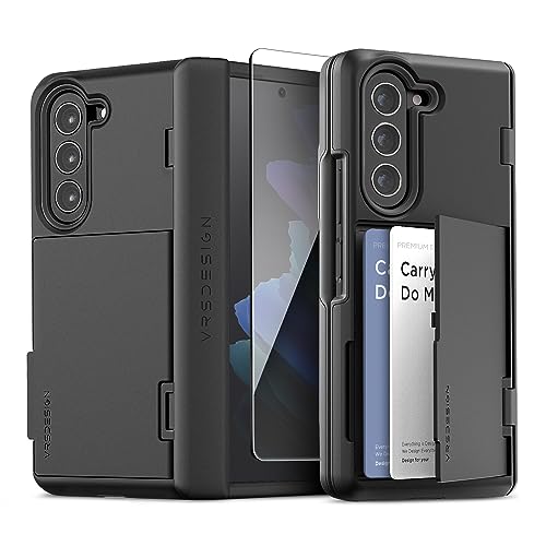 VRS DESIGN Phone Case for Samsung Galaxy Z Fold 5 5G (2023) [Terra Guard Modern GO] Holds up to 2 Cards Wallet Case, Hinge Protection Case with Tempered Glass Screen Protector (Matte Black)