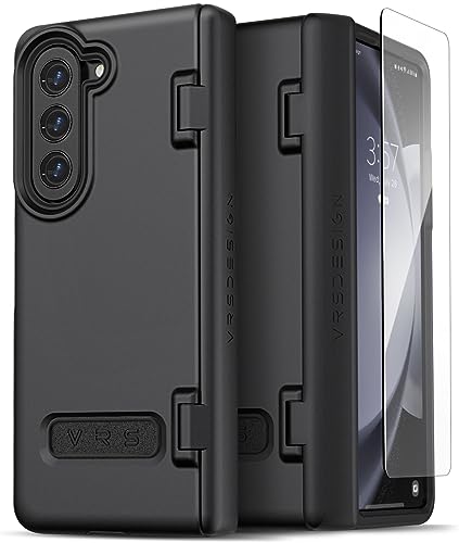 VRS DESIGN Phone Case for Galaxy Z Fold 5 5G (2023) [Terra Guard Modern], Premium Modern Neat Style [Anti Scratch Hinge Protection] Case with Tempered Glass Screen Protector Matte Black