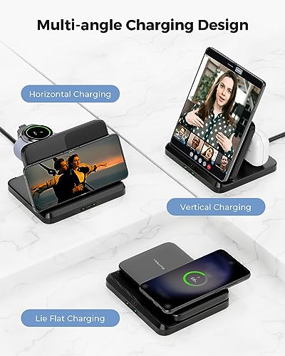 Charging Station for Samsung 3 in 1 Foldable Wireless Charger Fast Charger Dock Stand for Galaxy Z Fold 4/3, Z Flip 5/4/3, S23/S22/S21/S20, Note20/10 Ultra, Watch 5 Pro/5/4/3/Active, Buds+/2/Pro/Live