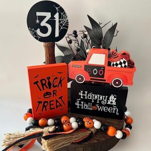 halloween decorations indoor kitchen tiered tray decor, 5pcs boo truck spiderweb, pumpkin bead garland, trick or treat, happy halloween signs, spooky halloween decor (a)