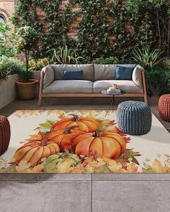 fall pumpkins outdoor area rug 4'x6',patio balcony porch front door camping camper deck runner rug,washable carpet indoor living room/kitchen floor mat thanksgiving autumn retro eucalyptus leaves