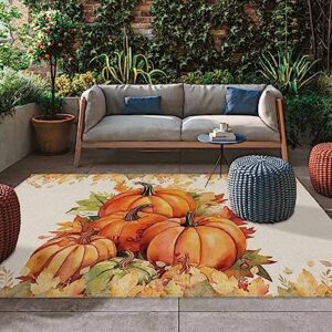 Fall Pumpkins Outdoor Area Rug 4'x6',Patio Balcony Porch Front Door Camping Camper Deck Runner Rug,Washable Carpet Indoor Living Room/Kitchen Floor Mat Thanksgiving Autumn Retro Eucalyptus Leaves