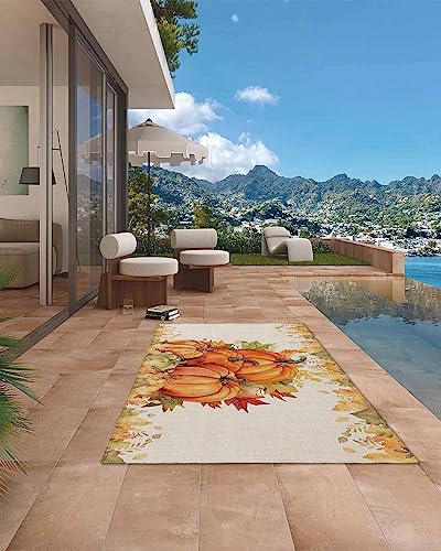 Fall Pumpkins Outdoor Area Rug 4'x6',Patio Balcony Porch Front Door Camping Camper Deck Runner Rug,Washable Carpet Indoor Living Room/Kitchen Floor Mat Thanksgiving Autumn Retro Eucalyptus Leaves