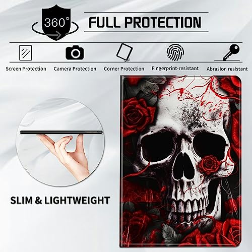 CGFGHHUY for All-New Kindle Fire 7 Tablet Case 12th Generation 2022 Release 7 inch Lightweight Protective PU Leather Smart Stand Cover with Auto Wake Sleep - Skull Roses Flower