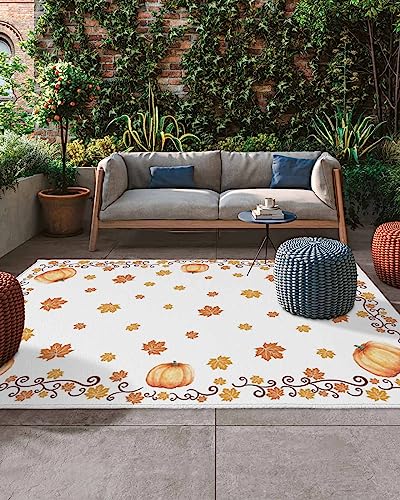 Pumpkin Outdoor Area Rug 4'x6',Patio Balcony Porch Front Door Camping Camper Deck Runner Rug,Washable Carpet Indoor Living Room/Kitchen,Hallway Floor Mat Fall Thanksgiving Maple Leaves Orange Autumn