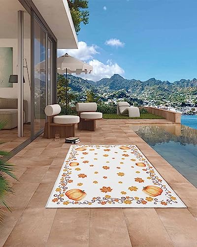 Pumpkin Outdoor Area Rug 4'x6',Patio Balcony Porch Front Door Camping Camper Deck Runner Rug,Washable Carpet Indoor Living Room/Kitchen,Hallway Floor Mat Fall Thanksgiving Maple Leaves Orange Autumn