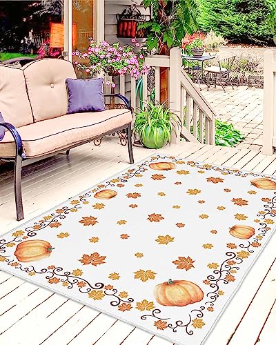 Pumpkin Outdoor Area Rug 4'x6',Patio Balcony Porch Front Door Camping Camper Deck Runner Rug,Washable Carpet Indoor Living Room/Kitchen,Hallway Floor Mat Fall Thanksgiving Maple Leaves Orange Autumn