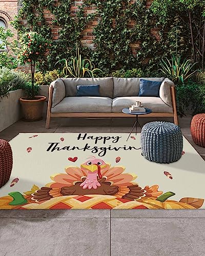 Happy Thanksgiving Outdoor Area Rug 4'x6',Patio Balcony Porch Front Door Camping Camper Deck Runner Rug,Washable Carpet Indoor Living Room Kitchen Floor Mat Fall Turkey Autumn Pumpkin Pie Leaves