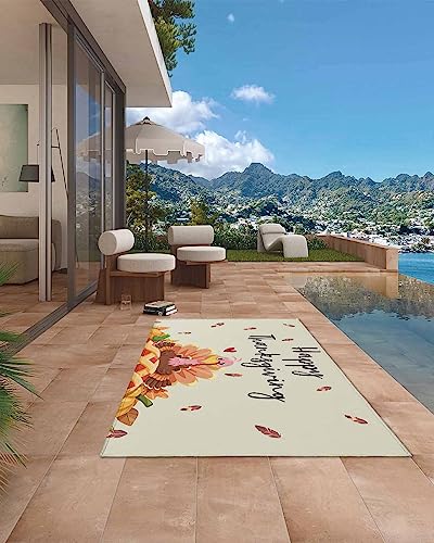 Happy Thanksgiving Outdoor Area Rug 4'x6',Patio Balcony Porch Front Door Camping Camper Deck Runner Rug,Washable Carpet Indoor Living Room Kitchen Floor Mat Fall Turkey Autumn Pumpkin Pie Leaves