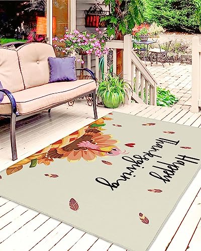 Happy Thanksgiving Outdoor Area Rug 4'x6',Patio Balcony Porch Front Door Camping Camper Deck Runner Rug,Washable Carpet Indoor Living Room Kitchen Floor Mat Fall Turkey Autumn Pumpkin Pie Leaves