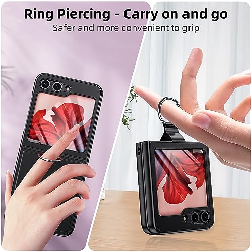 Hoerrye for Samsung Galaxy Z Flip 5 Case with Ring [Built-in Magnet for MagSafe + Screen Protector] Wireless Charging PU Leather Slim Phone Cover for Galaxy Z Flip 5 5G 2023,Black