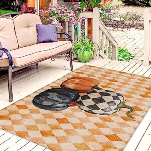 Thanksgiving Fall Outdoor Rug for Patio/Deck/Porch, Non-Slip Large Area Rug 6x9 Ft, Orange Black Pumpkin Fall Orange Plaid Indoor Outdoor Rugs Washable Area Rugs, Reversible Camping Rug Carpet Runner