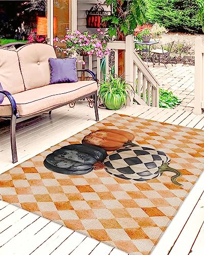 Thanksgiving Fall Outdoor Rug for Patio/Deck/Porch, Non-Slip Large Area Rug 6x9 Ft, Orange Black Pumpkin Fall Orange Plaid Indoor Outdoor Rugs Washable Area Rugs, Reversible Camping Rug Carpet Runner