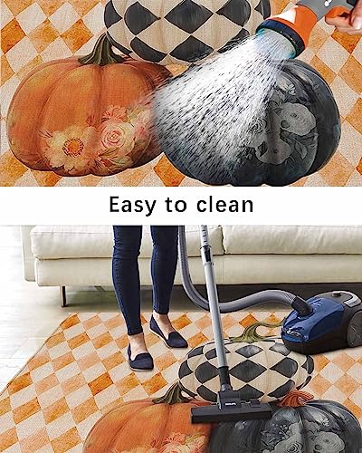 Thanksgiving Fall Outdoor Rug for Patio/Deck/Porch, Non-Slip Large Area Rug 6x9 Ft, Orange Black Pumpkin Fall Orange Plaid Indoor Outdoor Rugs Washable Area Rugs, Reversible Camping Rug Carpet Runner