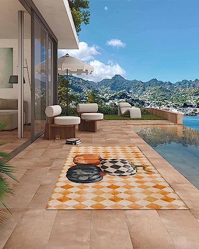 Thanksgiving Fall Outdoor Rug for Patio/Deck/Porch, Non-Slip Large Area Rug 6x9 Ft, Orange Black Pumpkin Fall Orange Plaid Indoor Outdoor Rugs Washable Area Rugs, Reversible Camping Rug Carpet Runner