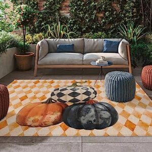 Thanksgiving Fall Outdoor Rug for Patio/Deck/Porch, Non-Slip Large Area Rug 6x9 Ft, Orange Black Pumpkin Fall Orange Plaid Indoor Outdoor Rugs Washable Area Rugs, Reversible Camping Rug Carpet Runner