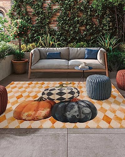 Thanksgiving Fall Outdoor Rug for Patio/Deck/Porch, Non-Slip Large Area Rug 6x9 Ft, Orange Black Pumpkin Fall Orange Plaid Indoor Outdoor Rugs Washable Area Rugs, Reversible Camping Rug Carpet Runner