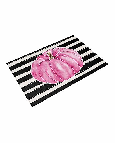 Outdoor Rug 4' x 6', Thanksgiving Fall Large Area Rugs for Patio/RV/Deck/Porch/Indoors, Black and White Striped Pink Pumpkin Water Absorption Camping Rug Carpet, Lightweight Washable Rug Runners