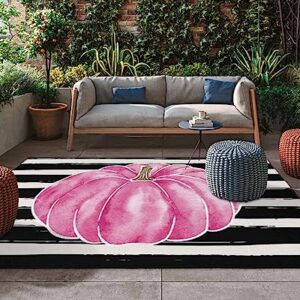 Outdoor Rug 4' x 6', Thanksgiving Fall Large Area Rugs for Patio/RV/Deck/Porch/Indoors, Black and White Striped Pink Pumpkin Water Absorption Camping Rug Carpet, Lightweight Washable Rug Runners