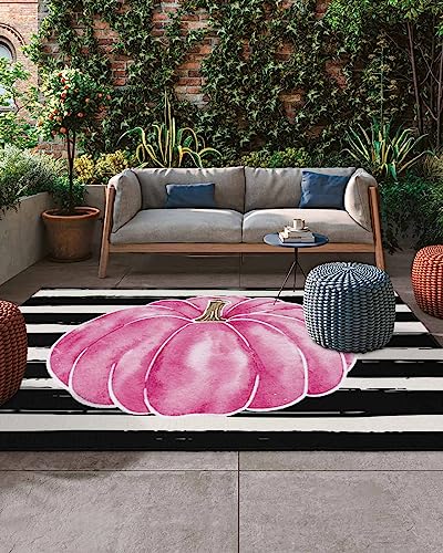 Outdoor Rug 4' x 6', Thanksgiving Fall Large Area Rugs for Patio/RV/Deck/Porch/Indoors, Black and White Striped Pink Pumpkin Water Absorption Camping Rug Carpet, Lightweight Washable Rug Runners