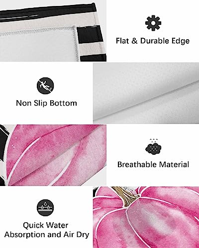 Outdoor Rug 4' x 6', Thanksgiving Fall Large Area Rugs for Patio/RV/Deck/Porch/Indoors, Black and White Striped Pink Pumpkin Water Absorption Camping Rug Carpet, Lightweight Washable Rug Runners