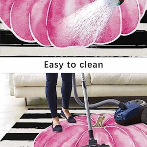 Outdoor Rug 4' x 6', Thanksgiving Fall Large Area Rugs for Patio/RV/Deck/Porch/Indoors, Black and White Striped Pink Pumpkin Water Absorption Camping Rug Carpet, Lightweight Washable Rug Runners