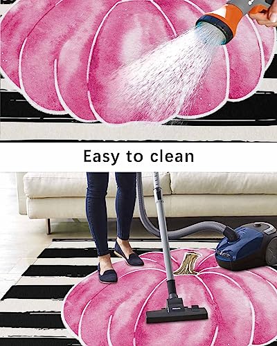 Outdoor Rug 4' x 6', Thanksgiving Fall Large Area Rugs for Patio/RV/Deck/Porch/Indoors, Black and White Striped Pink Pumpkin Water Absorption Camping Rug Carpet, Lightweight Washable Rug Runners