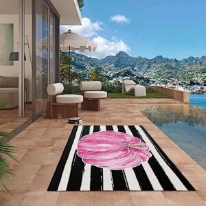 Outdoor Rug 4' x 6', Thanksgiving Fall Large Area Rugs for Patio/RV/Deck/Porch/Indoors, Black and White Striped Pink Pumpkin Water Absorption Camping Rug Carpet, Lightweight Washable Rug Runners