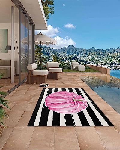 Outdoor Rug 4' x 6', Thanksgiving Fall Large Area Rugs for Patio/RV/Deck/Porch/Indoors, Black and White Striped Pink Pumpkin Water Absorption Camping Rug Carpet, Lightweight Washable Rug Runners