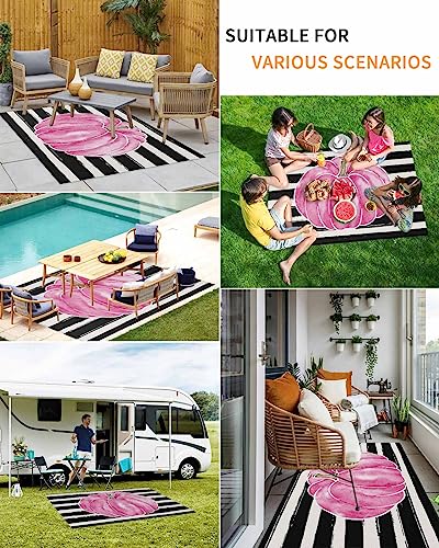 Outdoor Rug 4' x 6', Thanksgiving Fall Large Area Rugs for Patio/RV/Deck/Porch/Indoors, Black and White Striped Pink Pumpkin Water Absorption Camping Rug Carpet, Lightweight Washable Rug Runners