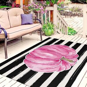 Outdoor Rug 4' x 6', Thanksgiving Fall Large Area Rugs for Patio/RV/Deck/Porch/Indoors, Black and White Striped Pink Pumpkin Water Absorption Camping Rug Carpet, Lightweight Washable Rug Runners