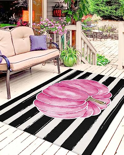 Outdoor Rug 4' x 6', Thanksgiving Fall Large Area Rugs for Patio/RV/Deck/Porch/Indoors, Black and White Striped Pink Pumpkin Water Absorption Camping Rug Carpet, Lightweight Washable Rug Runners