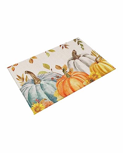 Thanksgiving Fall Outdoor Rug for Patio/Deck/Porch, Non-Slip Area Rug 6x9 Ft, Orange Teal Grey Pumpkin Maple Leaf Rustic Indoor Outdoor Rugs Washable Area Rugs, Reversible Camping Rug Carpet Runner