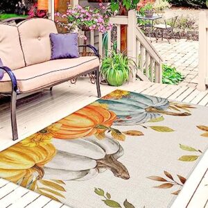 Thanksgiving Fall Outdoor Rug for Patio/Deck/Porch, Non-Slip Area Rug 6x9 Ft, Orange Teal Grey Pumpkin Maple Leaf Rustic Indoor Outdoor Rugs Washable Area Rugs, Reversible Camping Rug Carpet Runner