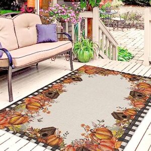 Thanksgiving Fall Outdoor Rug for Patio/Deck/Porch, Non-Slip Area Rug 5x8 Ft, Orange Pumpkin Maple Leaf Black White Plaid Indoor Outdoor Rugs Washable Area Rugs, Reversible Camping Rug Carpet Runner