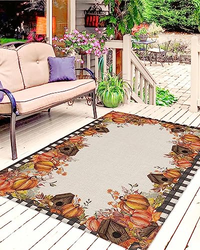 Thanksgiving Fall Outdoor Rug for Patio/Deck/Porch, Non-Slip Area Rug 5x8 Ft, Orange Pumpkin Maple Leaf Black White Plaid Indoor Outdoor Rugs Washable Area Rugs, Reversible Camping Rug Carpet Runner