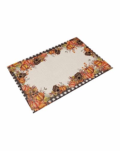 Thanksgiving Fall Outdoor Rug for Patio/Deck/Porch, Non-Slip Area Rug 5x8 Ft, Orange Pumpkin Maple Leaf Black White Plaid Indoor Outdoor Rugs Washable Area Rugs, Reversible Camping Rug Carpet Runner