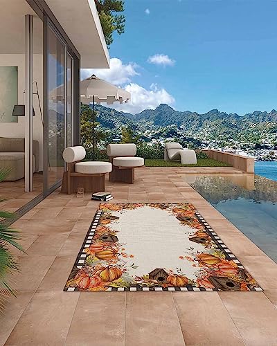 Thanksgiving Fall Outdoor Rug for Patio/Deck/Porch, Non-Slip Area Rug 5x8 Ft, Orange Pumpkin Maple Leaf Black White Plaid Indoor Outdoor Rugs Washable Area Rugs, Reversible Camping Rug Carpet Runner