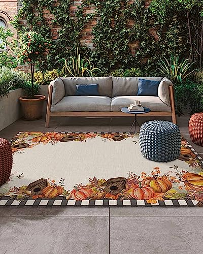 Thanksgiving Fall Outdoor Rug for Patio/Deck/Porch, Non-Slip Area Rug 5x8 Ft, Orange Pumpkin Maple Leaf Black White Plaid Indoor Outdoor Rugs Washable Area Rugs, Reversible Camping Rug Carpet Runner