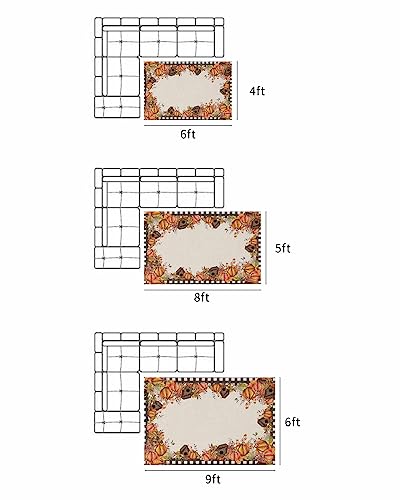 Thanksgiving Fall Outdoor Rug for Patio/Deck/Porch, Non-Slip Area Rug 5x8 Ft, Orange Pumpkin Maple Leaf Black White Plaid Indoor Outdoor Rugs Washable Area Rugs, Reversible Camping Rug Carpet Runner