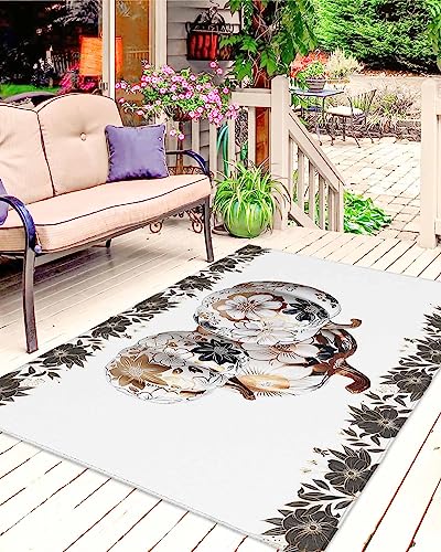 Thanksgiving Fall Outdoor Rug for Patio/Deck/Porch, Non-Slip Large Area Rug 6 x 9 Ft, Pumpkin Harvest Gray Floral Botanical Indoor Outdoor Rugs Washable Area Rugs, Reversible Camping Rug Carpet Runner